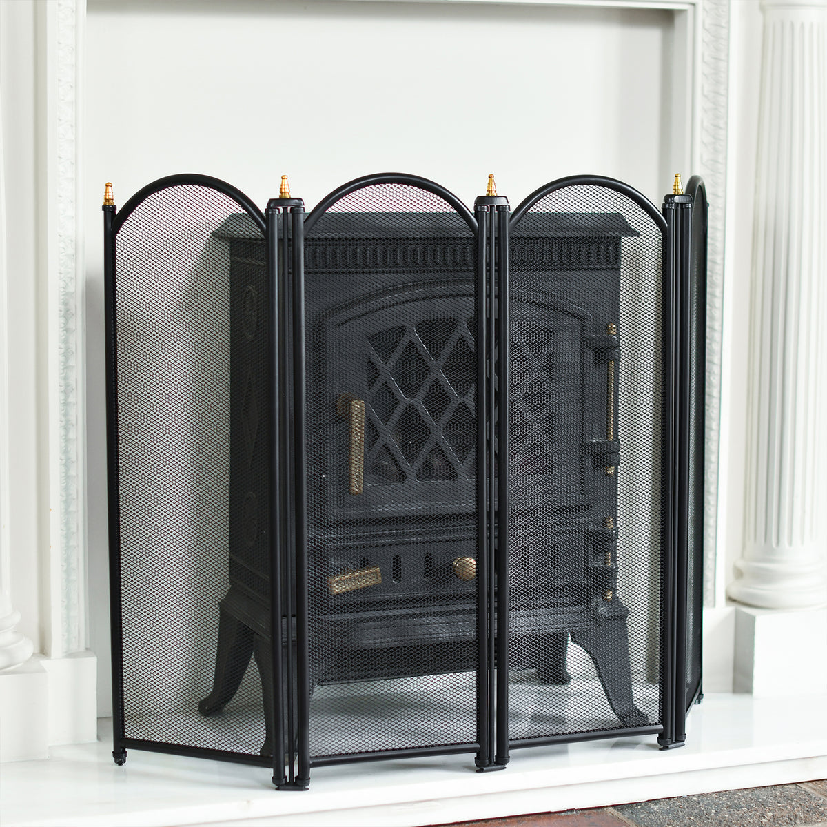 'Bamford' Robust Steel Four Fold Panel Fire Guard With Polished Brass ...